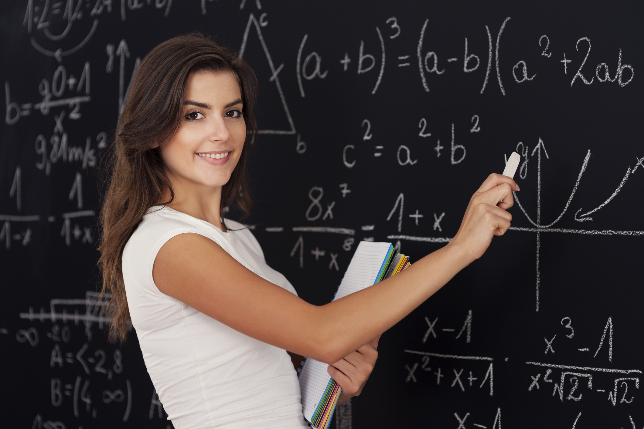 Happy woman solving mathematic problems | Ram Materials